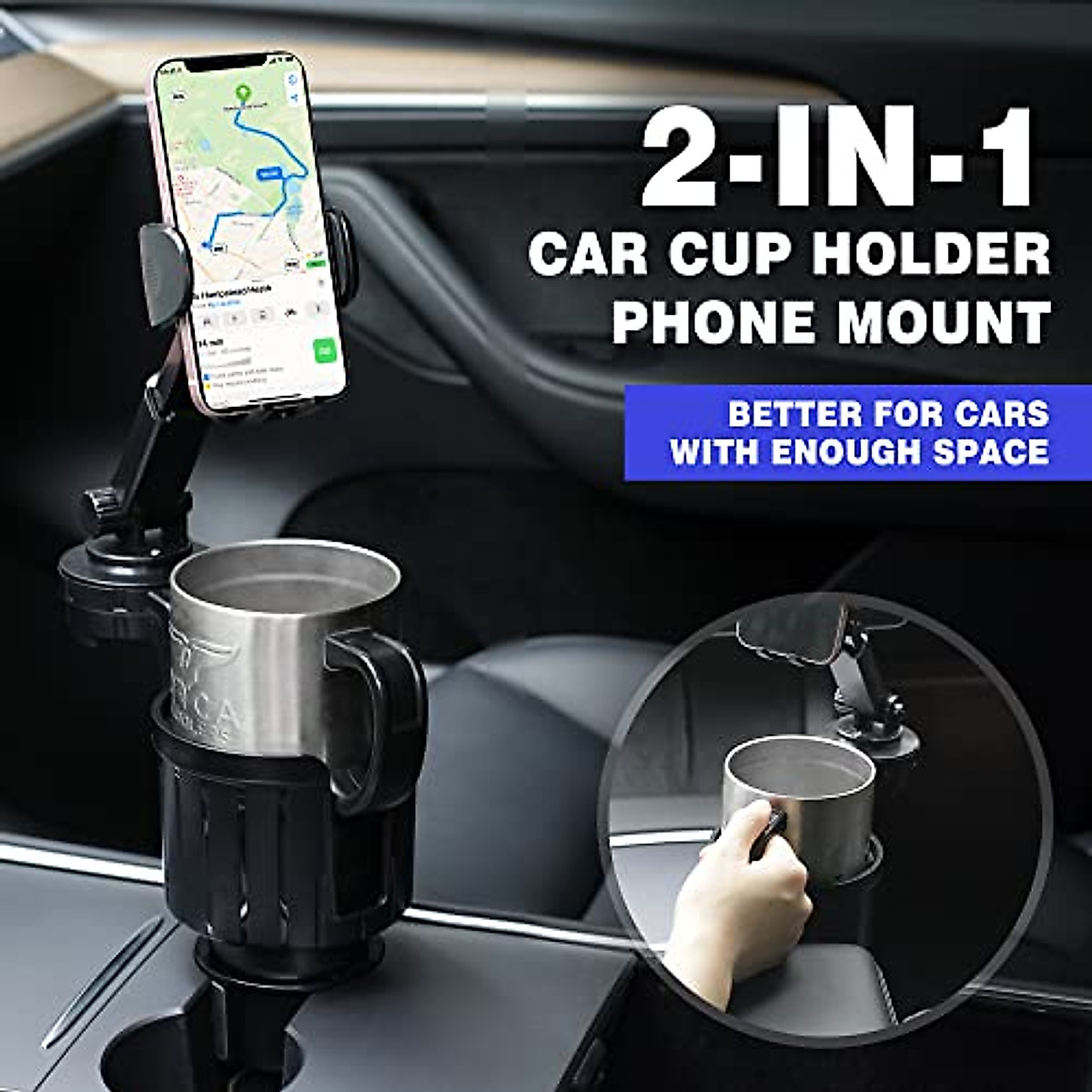 Upgraded 2 in 1 Car Cup Holder Phone Mount with Offset Adjustable Base, 360° Rotation Universal Compatible with iPhone Samsung Cell Phones and Yeti, Hydro Flasks, Other Large Bottles Mugs in 3.4"-4.0"