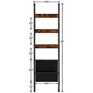 HOOBRO Blanket Ladder, 5 Tier Towel Rack, 17.3" L x 63" H, Wall-Leaning Blanket Rack, Decorative Ladder Holder with 4 Hooks and Pocket, Drying and Display Rack for Bathroom, Rustic Brown BF32CJ01