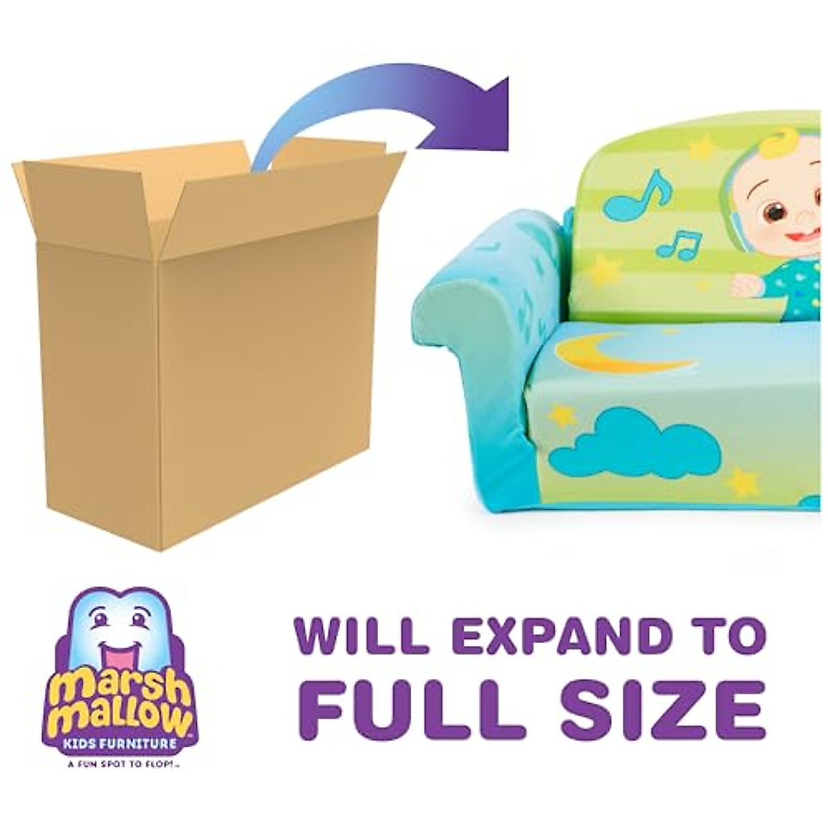 Marshmallow Furniture, Cocomelon 3-in-1 Slumber Sofa Baby Lounger, Convertible Kids Couch, Sofa Bed & Foam Toddler Nap Mat with Attached Blanket