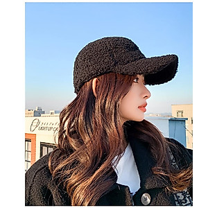 Women Men Winter-Warm Baseball Caps Faux-Lamb-Wool Teddy-Fleece Baseball Hats Adjustable Outdoor Cap (M, Black)