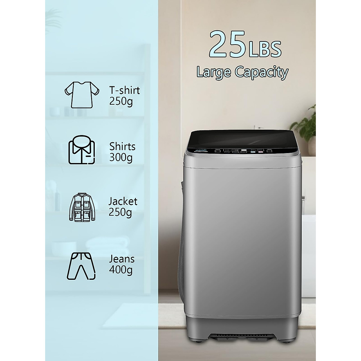 25 lbs Portable Washer Drain Pump, 10 Programs & 8 Water Levels, KRIB BLING Full Automatic Washing Machine with LED Display, Ideal for Camping, Apartment, Dorm, Dark Grey