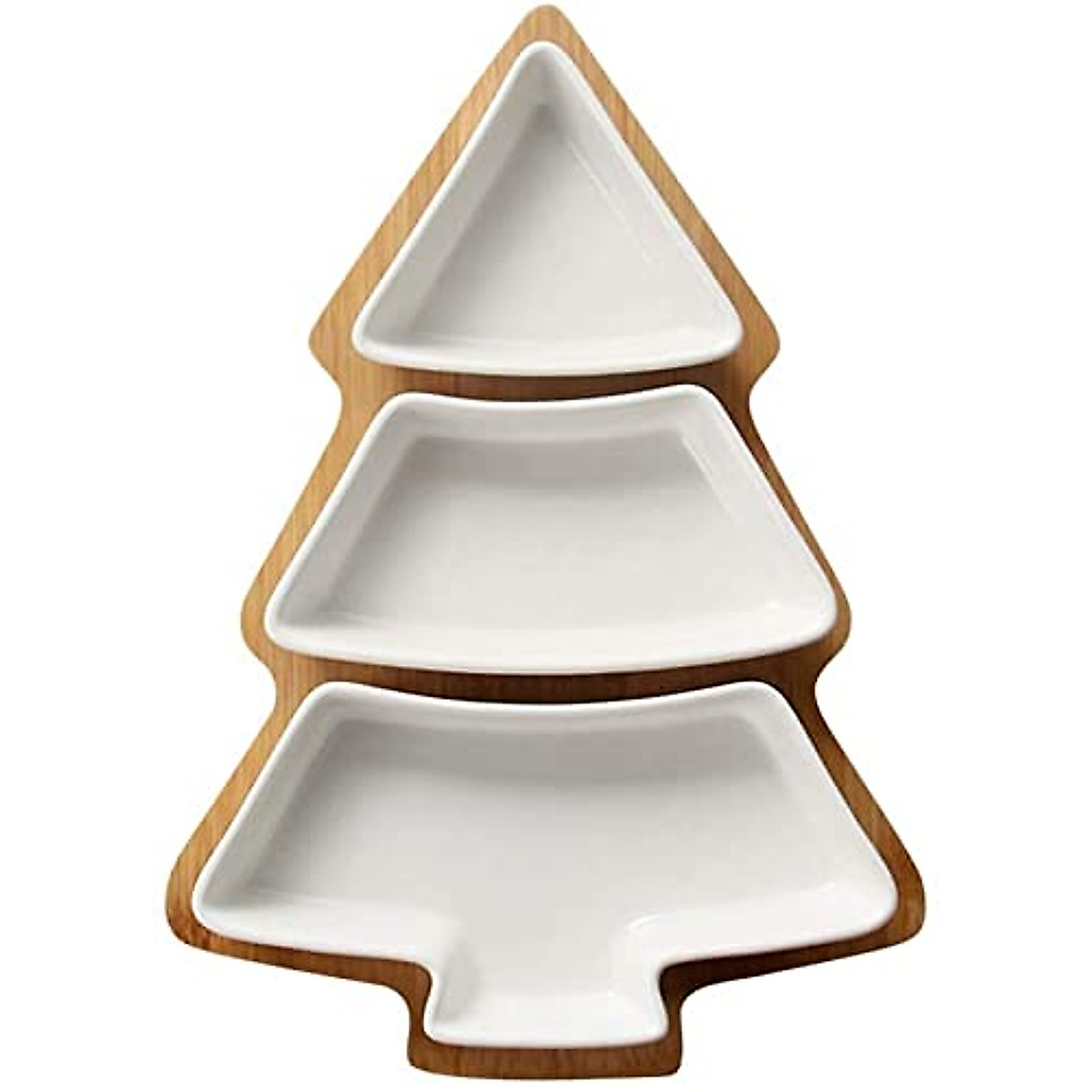 DOITOOL Christmas Ceramic Serving Dish Removable Xmas Tree Snack Appetizer Tray Dessert Platter Porcelain Jewelry Plate with Bamboo Base for Holiday Wedding Home Party White
