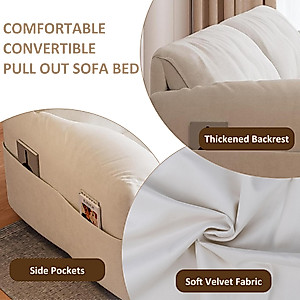 Neylory 63.8" Queen Pull Out Sofa Couch Bed, 3 in 1 Convertible Sleeper Sofa with Side Storage, Velvet Loveseat Recliner for Living Room, Apartment, Small Space, Beige