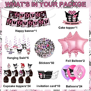 118 Pcs Kuromi Birthday Decorations Kuromi Party Decorations,Kuromi Party Supplies Including Birthday Banner ,Hanging Swirl,Cake Topper , Cupcake Topper,Invitation Card, Stickers for Girls