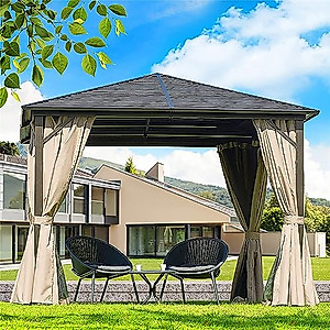 10'x10' Outdoor Hardtop Gazebo Permanent Canopy with Galvanized Steel Single Roof, Aluminum Frame,Curtains and Netting for Patios,Backyard,Lawns