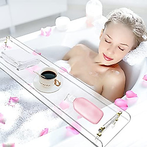 Acrylic Bathtub Caddy Tray Bathroom Organizer Shelf Table Caddy Acrylic Towel Tray Clear Bath Caddy Tray for Bathtub with Gold Handle for Bathroom