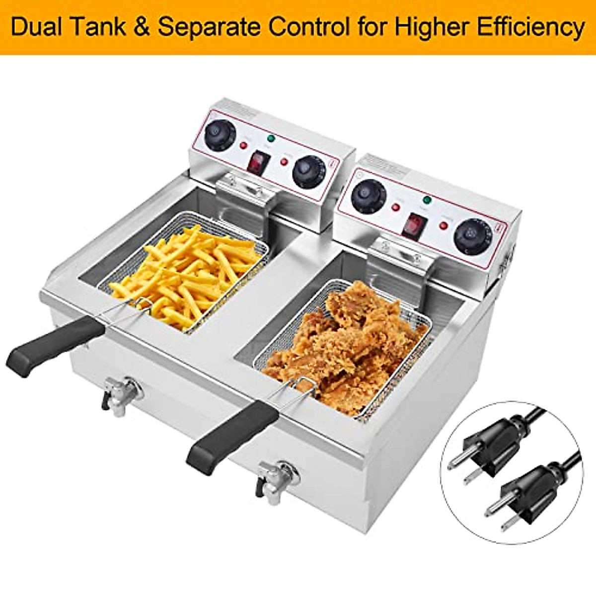 ROVSUN 24.9QT/ 23.6L Electric Deep Fryer w/Frying Baskets Timer Drains & Lids, Dual Tank Kitchen Countertop Commercial Frying Machine, Adjustable Temperature, 3400W 110V 60HZ