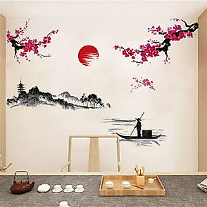 2 Sheets Japanese Style Splash Ink Landscape Painting Wall Sticker Red Cherry Blossom Wall Decals Removable Peel and Stick Mountain River Fisherman Mural for Bedroom Living Room TV Home Decor
