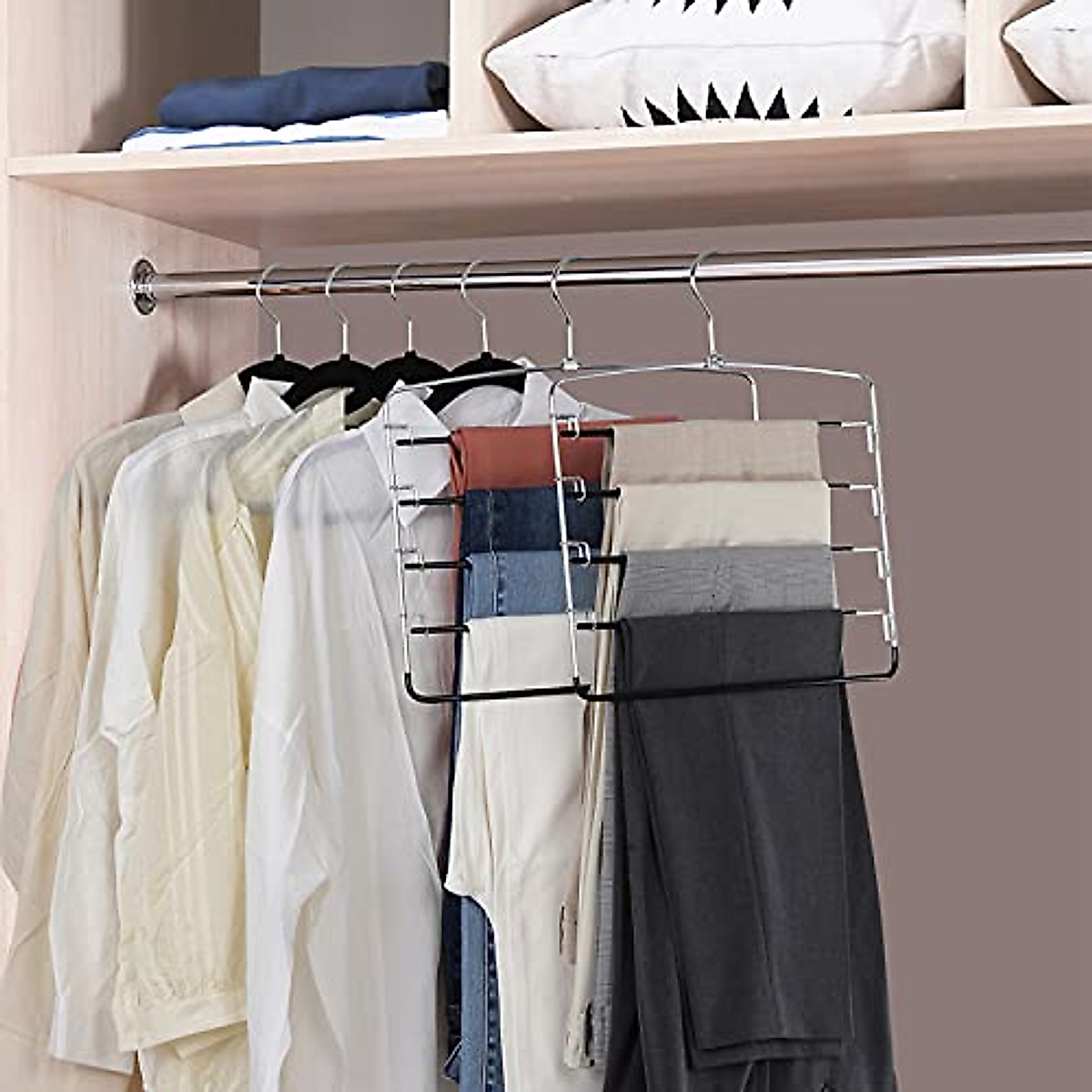 Pants Hangers 4 Pieces, Swing Arm Trousers Hanger, Space Saving Pants Rack, 5 Layers Jeans Hangers with Non-Slip, Multiple Pants Hanger Closet Organizer for Trousers Scarves Ties
