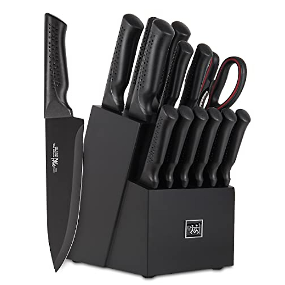 knife set, Dishwasher Safe Kitchen Knife Set with Block, 15 Pcs Black knife sets for kitchen with block Self Sharpening, 6 Steak Knives, Anti-slip handle, Black