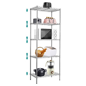 BNSPLY 5 Tier Wire Shelving Unit, Adjustable Wire Rack Shelving, Changeable Metal Wire Storage Shelves for Kitchen, Laundry, Bathroom, Balcony, Pantry (11.4" D x 21.3" W x 59" H, Silver)