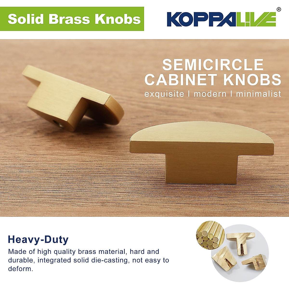 KOPPALIVE 5 Pack Solid Brass Dresser Drawer Pulls,Semicircle Kitchen Cabinet Knobs and Handles, Gold Knobs for Cabinet and Drawer, Modern Copper Furniture Handles, Brushed Finish Furniture Hardware