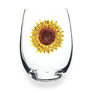 THE QUEENS' JEWELS Sunflower Jeweled Stemless Wine Glass, 21 oz. - Unique Gift for Women, Birthday, Cute, Fun, Not Painted, Decorated, Bling, Bedazzled, Rhinestone