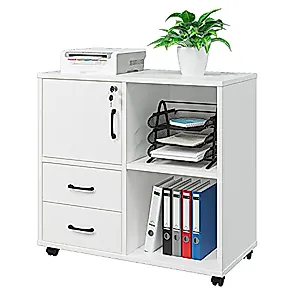 Office Storage Cabinet with 2 Drawers, Modern Rolling Cabinet with 3 Storage Shelves Printer Stand Table with Wheels for Home Office Storage (White)