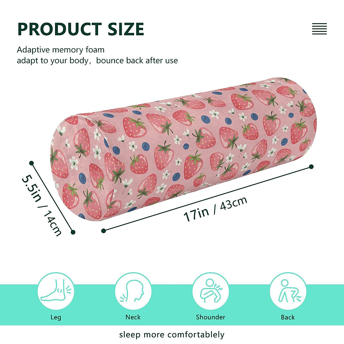 Vnurnrn Strawberry Pink Neck Support Pillow Round Neck Roll Bolster Cylinder Pillow Cervical Pillows Body Pillow for Leg Knee Back Head Support for Gifts Camp Study Work