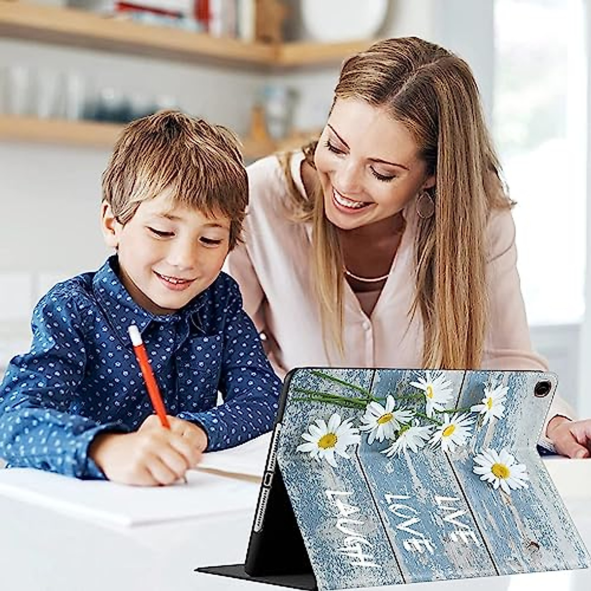 Case for Samsung Galaxy Tab A8 10.5 Inch 2022 Model (SM-X200/X205/X207), Galaxy Tab A8 10.5 Tablet Cover, Slim Folding Stand Cover with Auto Wake/Sleep, White Daisy Live Love Laugh Wooden Board