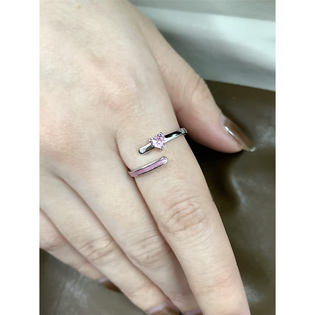 CZ Pink Heart Engagement Ring for Women 925 Sterling Silver Cubic Zirconia Statement Stacking Adjustable Expandable Enamel Open Band Rings Comfort Fit Dainty Wedding Birthday Valentine Jewelry