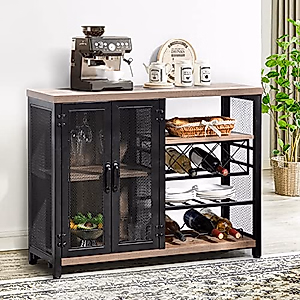 KFO Industrial Bar Cabinet for Liquor and Glasses, Farmhouse Metal Wood Coffee Bar Cabinet, Sideboard Buffet Cabinet, Wine Rack Table with Mesh Door for for Home Kitchen Dining Living Room, 40 Inch…