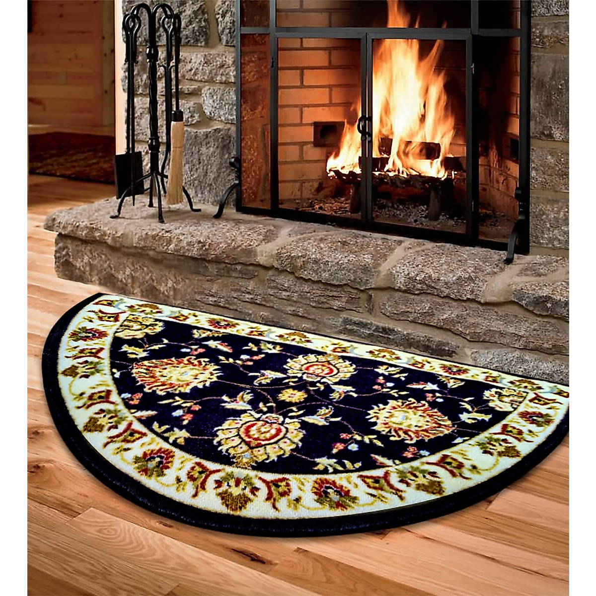 Cozy Floor Mats Fireplace Hearth Rug, Low Profile, Black Red, Half Circle, Fire Heat Resistant Mat, Half Moon Shape, Non Slip Kitchen Rug, Cabin Cottage Lodge,Traditional Design (2'2"x 3'3")… (Black)