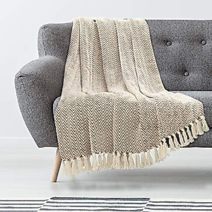 Americanflat 100% Cotton Throw Blanket for Couch - 50x60 - All Seasons Neutral Lightweight Cozy Soft Throws for Bed, Sofa or Chair.door or Outdoor [Khaki and Beige Herringbone]