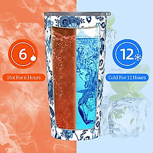 JASROTAO Blue White Porcelain Tumbler,Ceramics 20oz Stainless Steel Insulated Travel Tumbler,Travel Coffee Mug with Lid and Straw Water Bottle Drink Tumbler Cups Gifts for Women Men Lovers