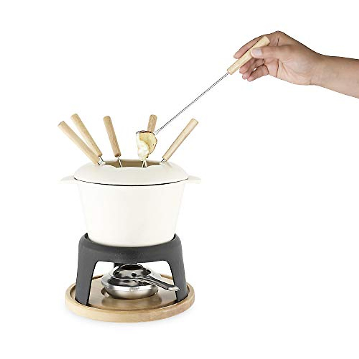 Twine Farmhouse Kitchen Enamel Cast Iron Fondue Set Cheese Melting Pot Metal Stand with Stainless Steel Forks and Chrome Gel Burner, 8.5", Off-Cream