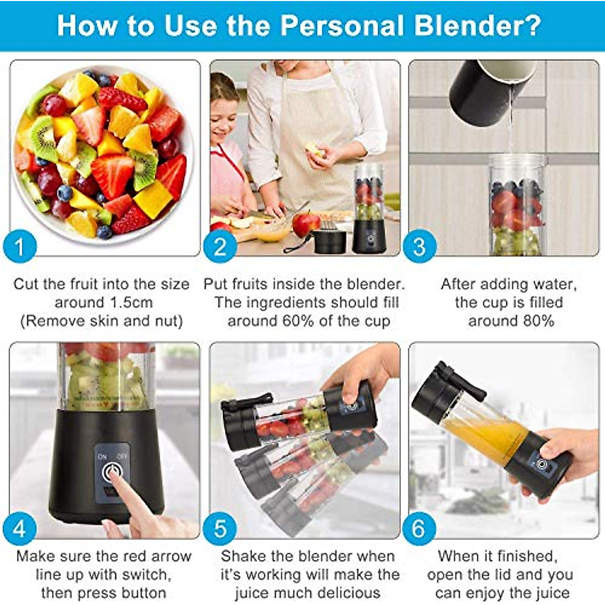 Portable Blender, Personal Mixer Fruit Rechargeable with USB, Mini Blender for Smoothie, Black