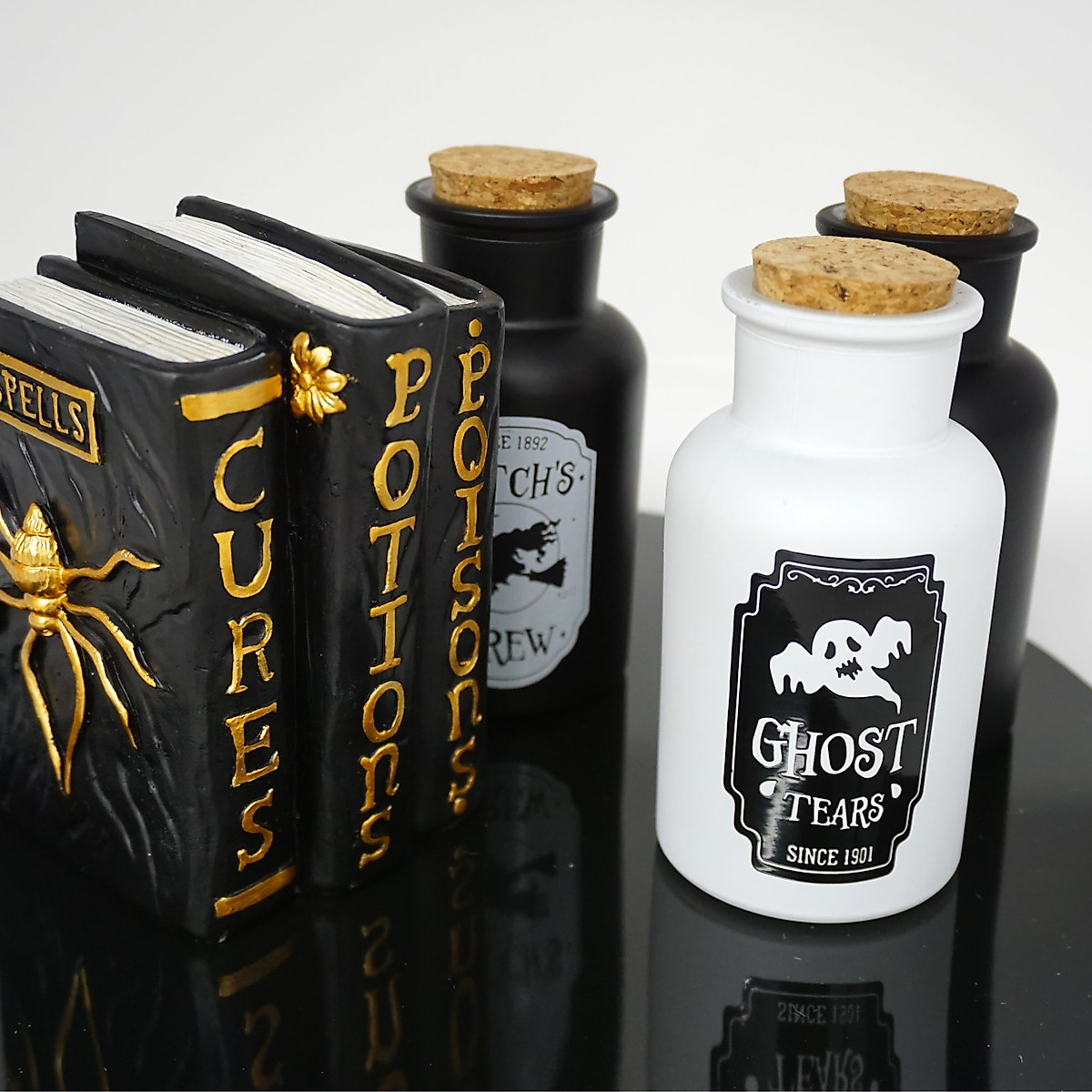 4E's Novelty Set of 3 Glass Decorative Apothecary Potion Bottles Halloween Tabletop Mantle Decorations, Halloween Witch Farmhouse Decor for Tiered Tray Table Centerpiece