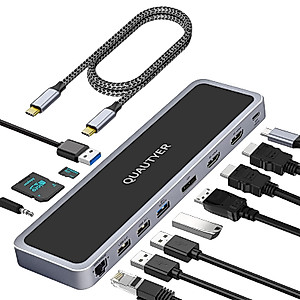 USB C to Dual HDMI Adapter，12 in 1 USB C Docking Station Dual Monitor with DP，USB3.0 Port, PD Charger, Gigabit Ethernet SD/TF Card Reader and Mic/Audio for MacBook Air Pro and More Type C Devices