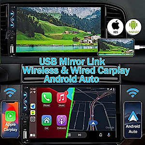 Double Din Car Stereo with Wireless Carplay,Wireless Android Auto,7 inch Touch Screen Radio with Backup Camera,Bluetooth Car Audio Receiver,Mirror Link,SWC,FM/USB/AUX/Subwoofer