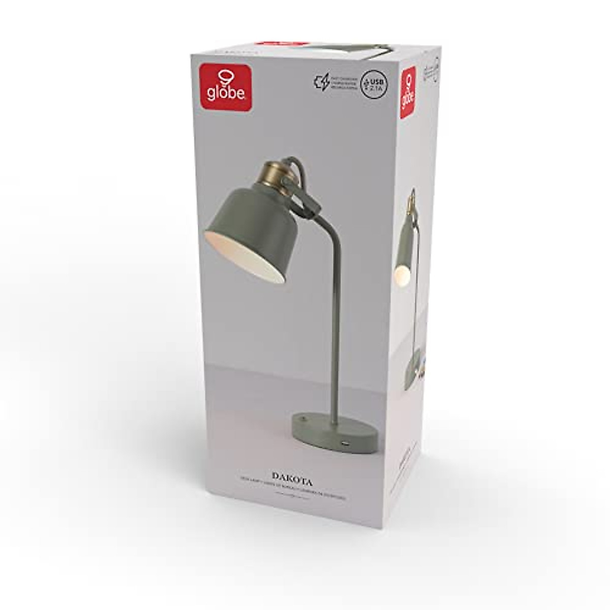 Globe Electric 30296 18" Desk Lamp with 2.1 USB Port, Matte Sage Green, Brass Accents, Push Button On/Off Switch, Home Décor, Desk Lamps for Home Office, Home Office Accessories