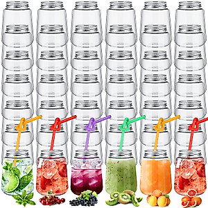 Rtteri 50 Pack Plastic Mason Jars with Lids and Straws Plastic Juice Bottles Bulk Drink Containers with Aluminum Caps Clear Beverage Containers for Iced Coffee Milk Tea (12 Oz)