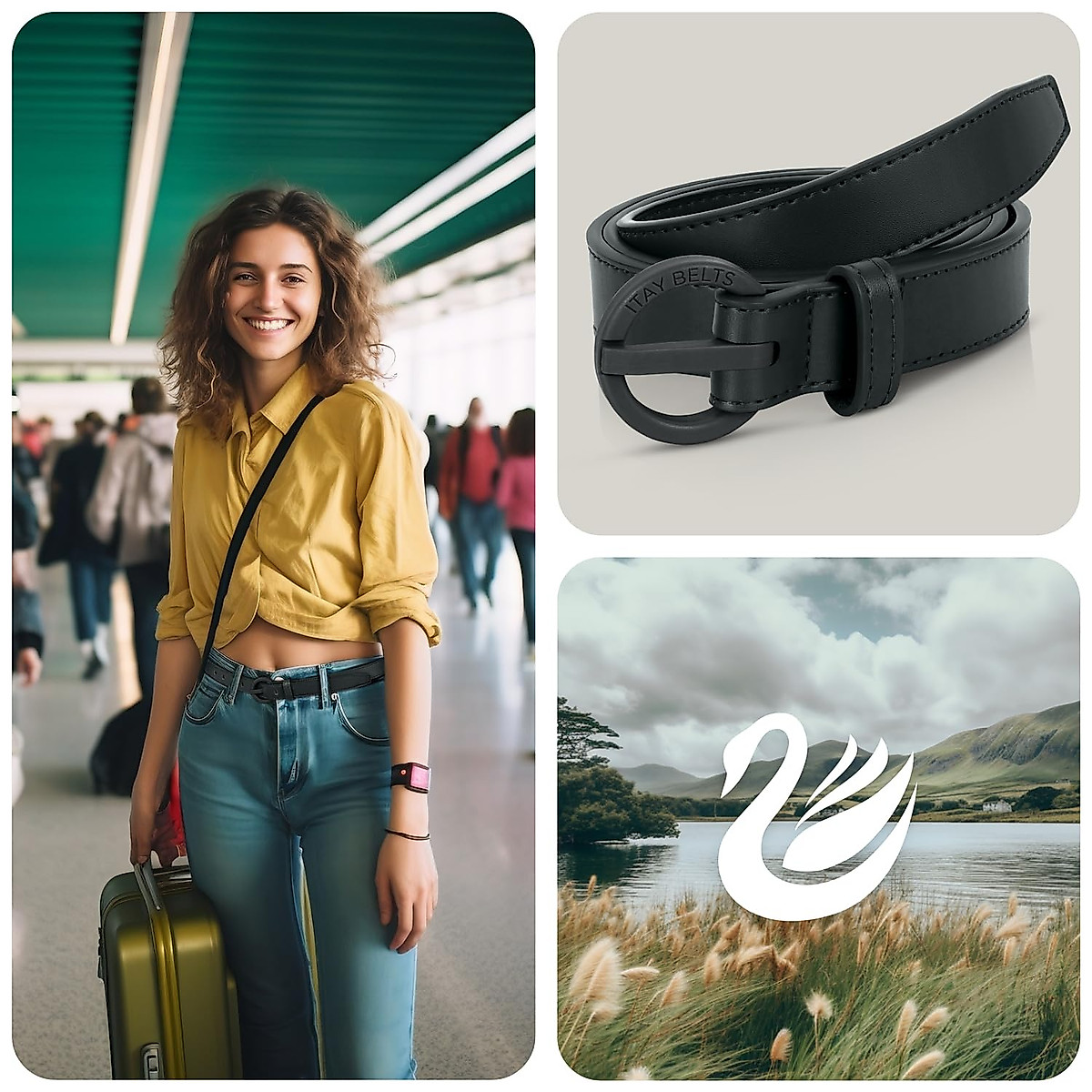 ITAY Women Metal Free Leather Belt - 25mm Nickel Free Belt for Women, TSA-Friendly No Metal Belts - Plastic Buckle - Black, M