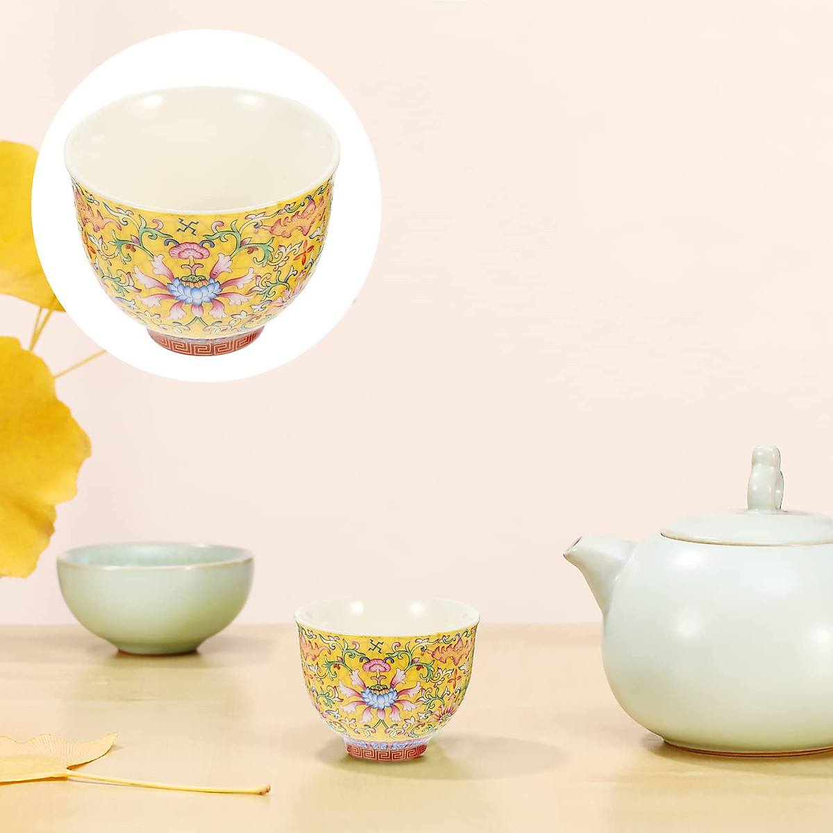 Beavorty Chinese Handmade Kungfu Tea Cup 130ml Floral Pattern Ceramic Tea Mugs Porcelain Tea Cup Tea Bowl Japanese Tea Cup Sake Cup Tea Accessories Drinkware (Yellow)