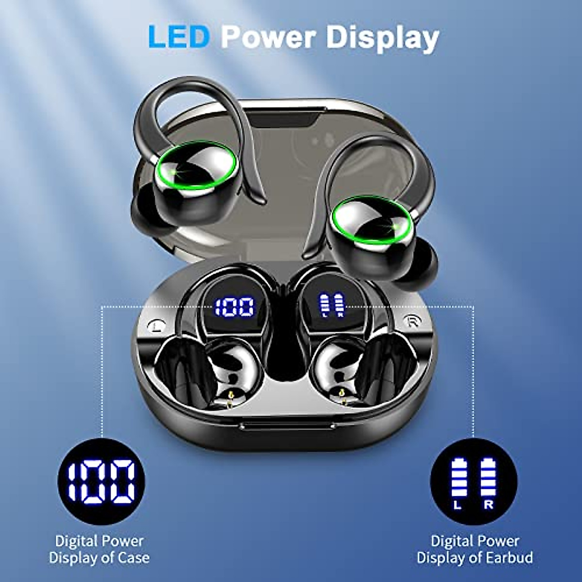 Btootos Wireless Earbud Bluetooth Headphones 5.3, 48Hrs Playtime Sport in Ear Wireless Earphones with Digital LED Display Over Ear Buds with Earhooks Waterproof Headset with Mic for Running Workout