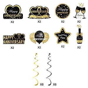 Luxiocio 30Pcs Happy Wedding Anniversary Hanging Swirls Decorations, Black Gold Anniversary Theme Hanging Sign Party Supplies, 10th 20th 25th 30th 40th 50th 60th Anniversary Party Ceiling Decor
