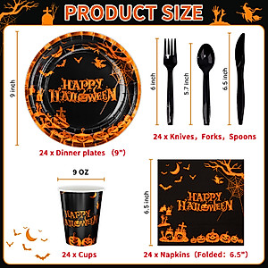 DYLIVeS Halloween Party Supplies, Orange Gold Foil Halloween Pumpkin Cemetery Bats Dinnerware, Includes 9" Plates, Napkins Cups Cutlery Halloween Birthday Party Decorations for Kids Adults, Serve 24