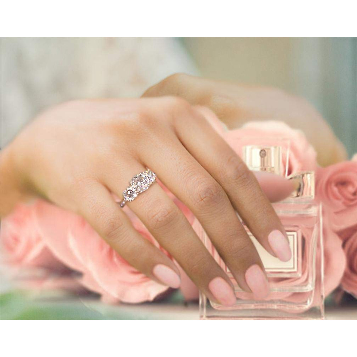 Samie Collection 2.42ctw CZ 3 Stone Love Wedding Engagement Ring for Women in 18k Rose Gold Plating