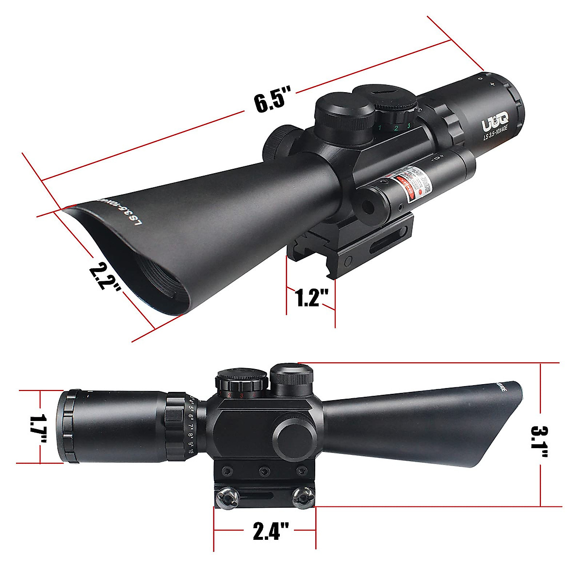 UUQ Tactical 3.5-10X40 Illuminated Red/Green Mil Dot Rifle Scope W/Red Laser Sight Fit 20mm Picatinny Rail