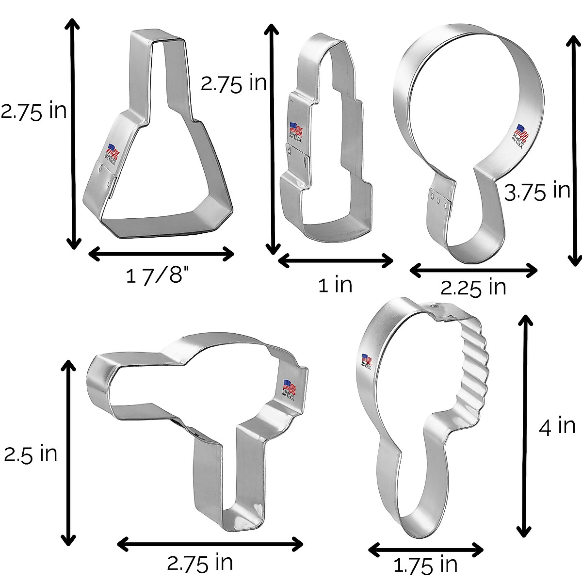 Foose Brand Diva Cookie Cutters 5 Piece Set - 2.75" Nail Polish, 3.75" Mirror, 2.75" Hair Dryer, 2.75" Lipstick, 4" Hair Brush, USA