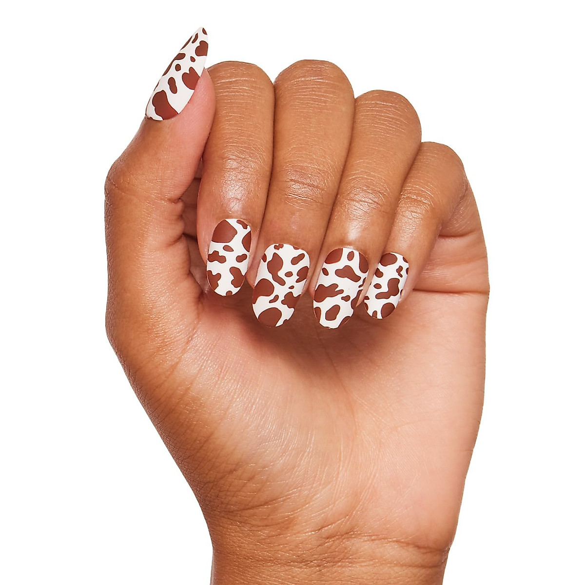 Glamnetic Press On Nails - Chocolate Milk | UV Finish Short Round Brown Cow Print Nails, Reusable | 15 Sizes - 30 Nail Kit with Glue