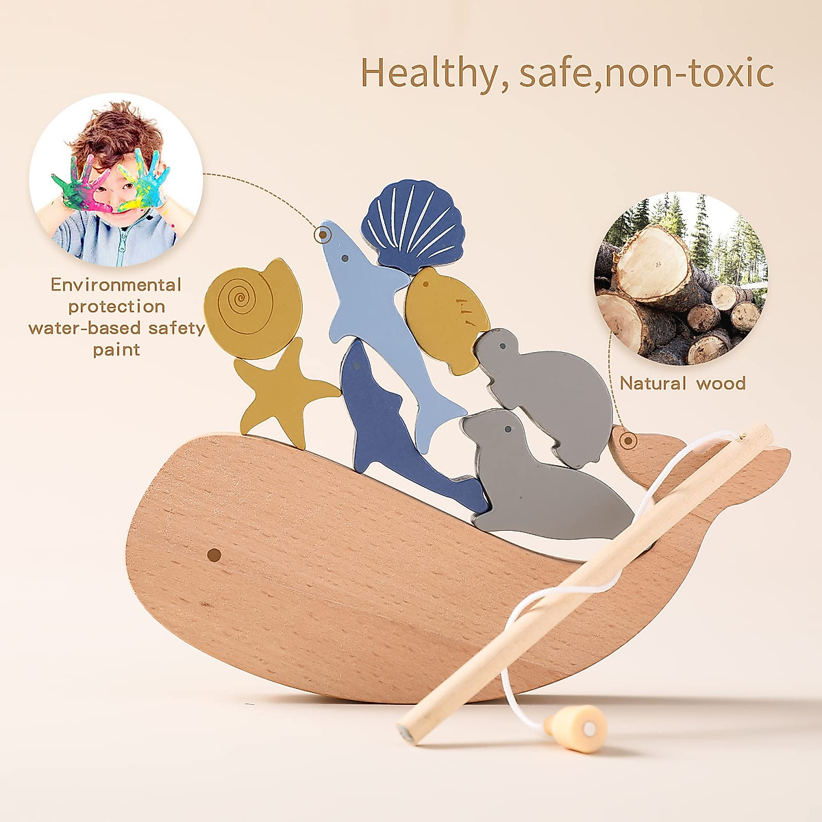 Wooden Stacking Marine Animals Toys for Kids 3-5, Magnetic Fishing Toys, 9 Piece Balance Toy Stacking Toys Gifts for 3 4 5 Year Old Childrens Montessori Toys for Boys & Girls, Fine Motor Skills