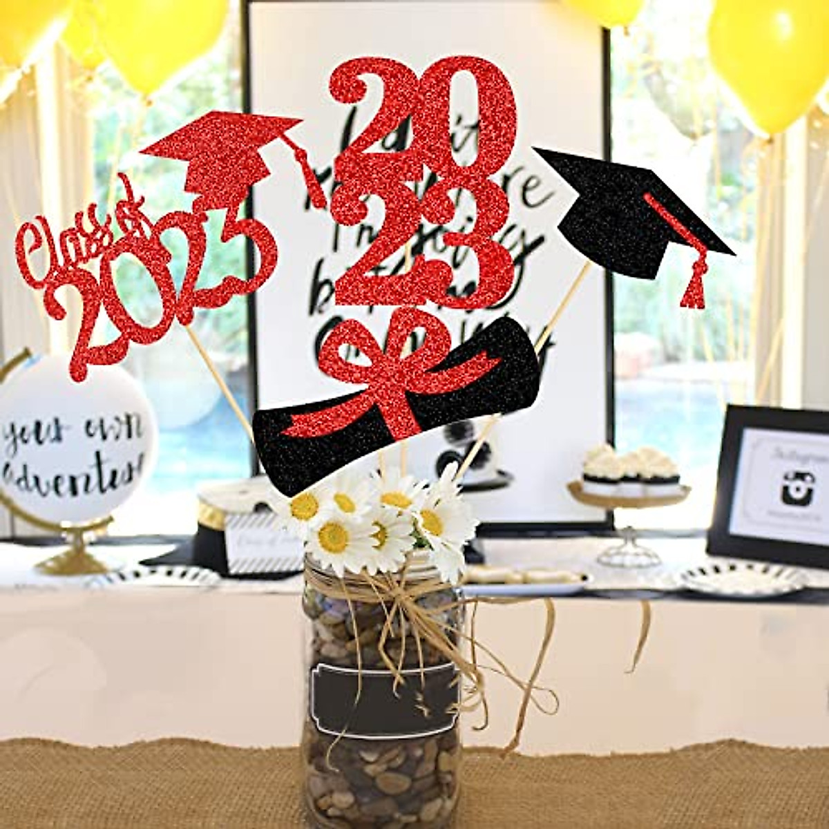 Graduation Party Centerpieces for Tables 2023 Red Glitter Graduation Tables Centerpieces Sticks, Class of 2023 Table Toppers for 2023 Graduation Table Decorations - 24 Pieces