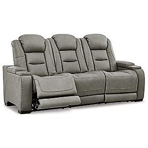 Signature Design by Ashley The Man-Den Leather Power Reclining Sofa with Adjustable Headrests & Wireless Charging, Gray
