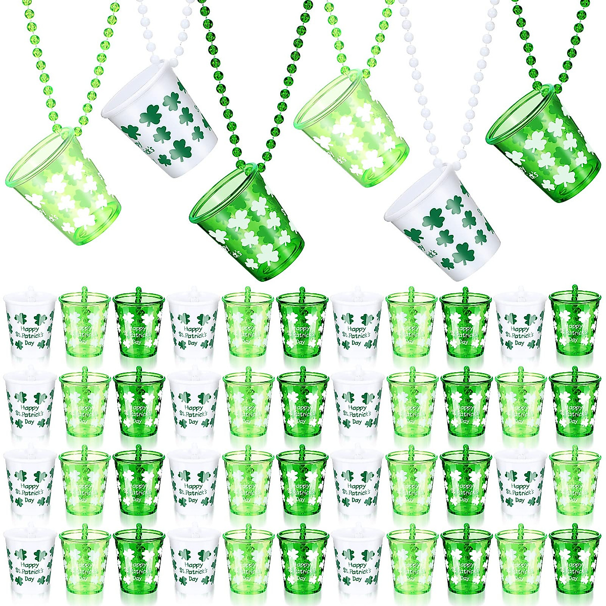 Cunno 50 Pieces St. Patrick's Day Shot Glass on Beaded Necklace Shamrock Plastic Shot Cup Necklace White Green Shot Glass Necklaces for Festival Parade Bachelorette Wedding Birthday Party Favors
