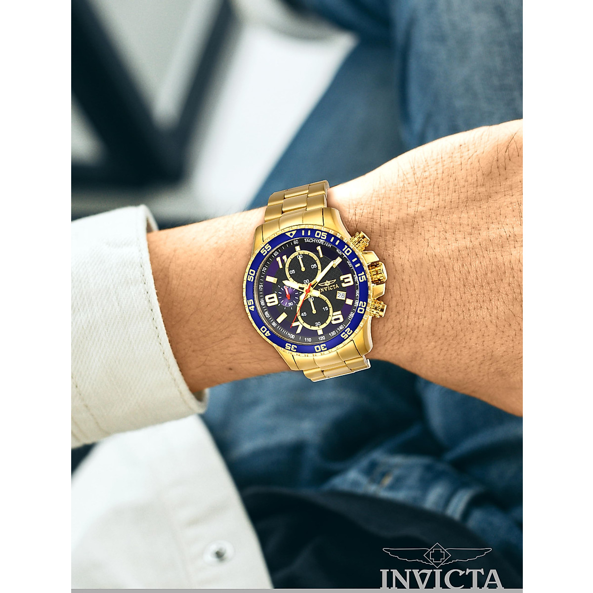 Invicta Men's 14878 Specialty Chronograph Dark Blue Textured Dial Gold Ion-Plated Stainless Steel Watch