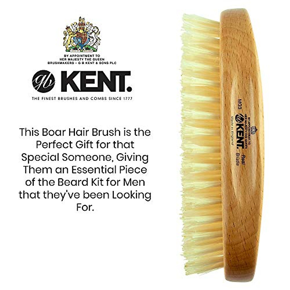 Kent MG3 Finest Men's Hair Brush & Beard Brush for Skin Care - 100% Natural White Boar Bristle Brush for Mens Grooming, Scalp Brush, 360 Wave, and Beard Straightener For Men's Hair Care