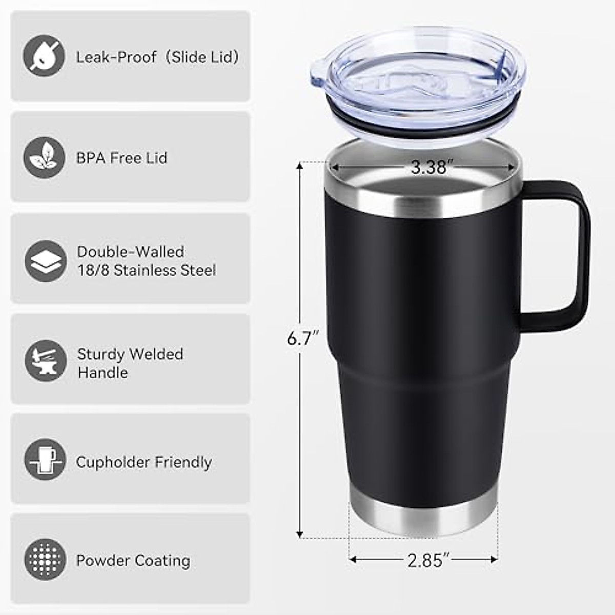 HASLE OUTFITTERS 20oz Tumbler with Lid, Stainless Steel Tumbler with Handle, Metal Insulated Travel Coffee Mug with Handle, Double Wall Vacuum Spill Proof Tumbler Cup, Black 1 Pack