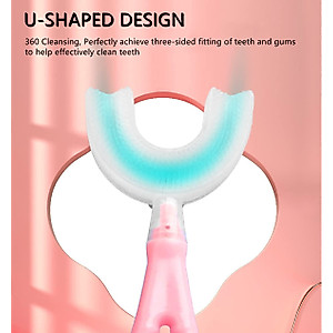 Land cast U-Shaped Toothbrush for Kids, Manual Training Tooth Brush Food Grade Soft Silicone Brush Head Baby Massage Toothbrush All-Round Cleaning (Pink)