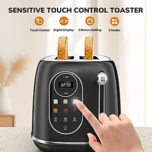 Keenstone Toaster Touch Control, Retro Toaster with Touchscreen, Stainless Steel 2 Slice Toaster Extra Wide Slot Features Bagel, Reheat, Defrost, Cancel, 6 Shade Settings&Removable Crumb Tray